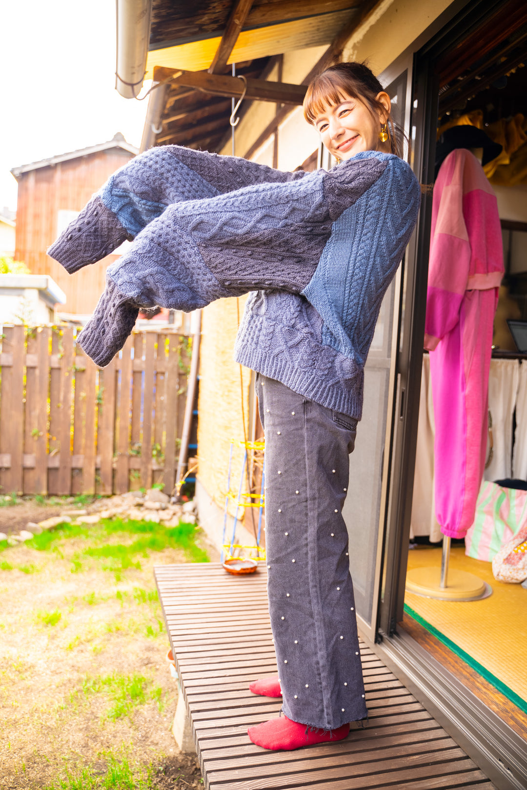 【REMAKEBYK×StyleReborn】Remake Cropped Fisherman Knit Sweater Blue×Blac ...