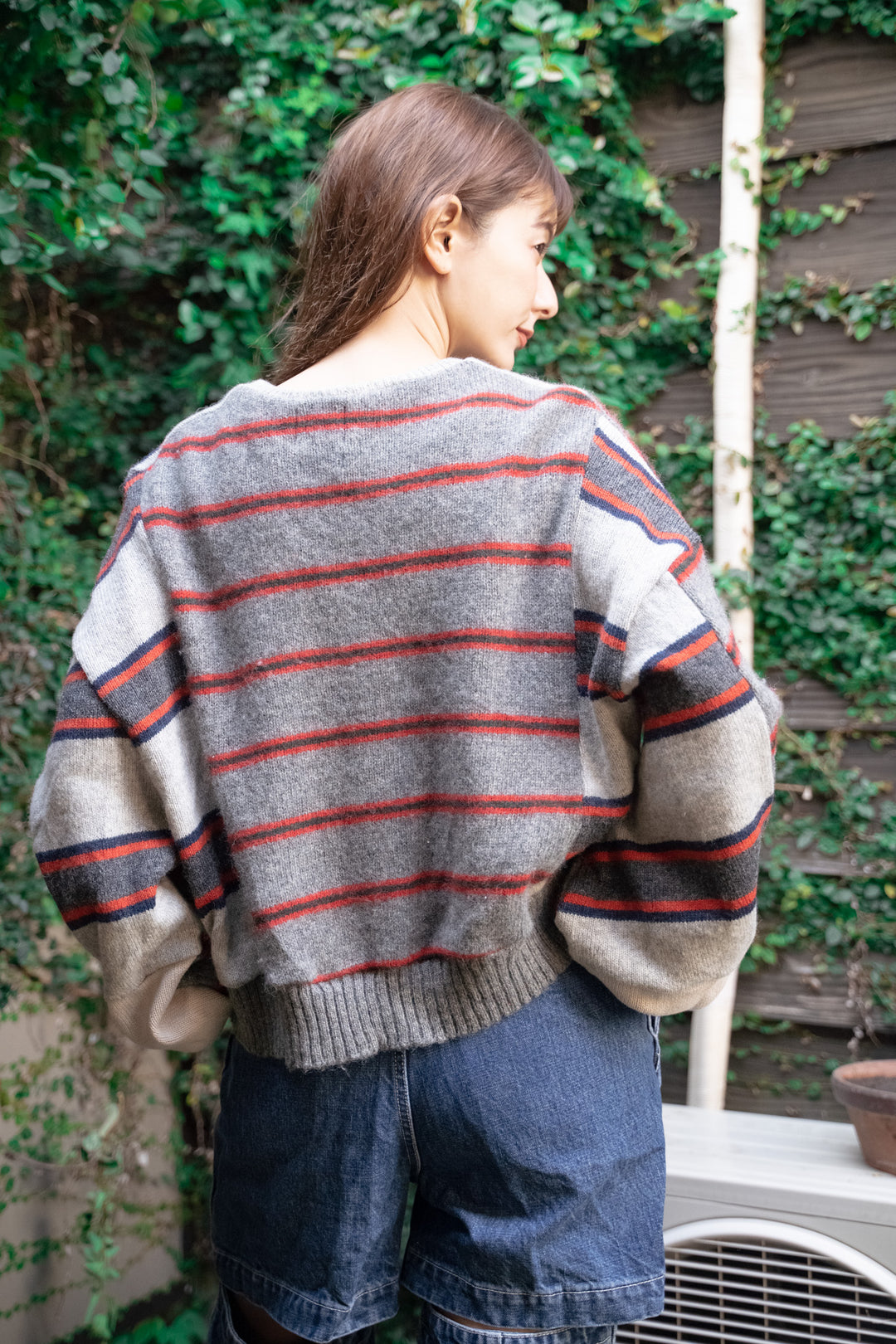 【REMAKEBYK×StyleReborn】Remake Cropped Knit Sweater Gray×Horizontal Str ...