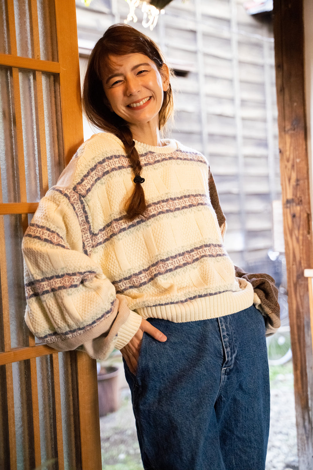 【REMAKEBYK×StyleReborn】Remake Cropped Knit Sweater White×Brown×Horizon ...