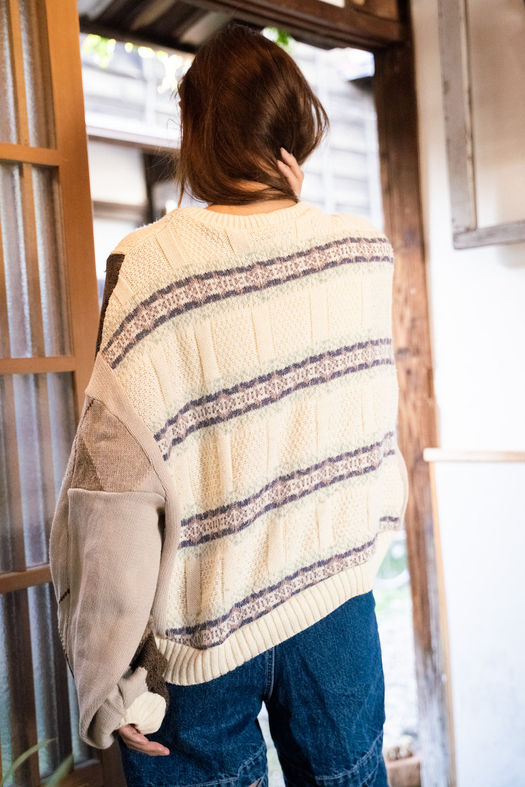 【REMAKEBYK×StyleReborn】Remake Cropped Knit Sweater White×Brown×Horizon ...