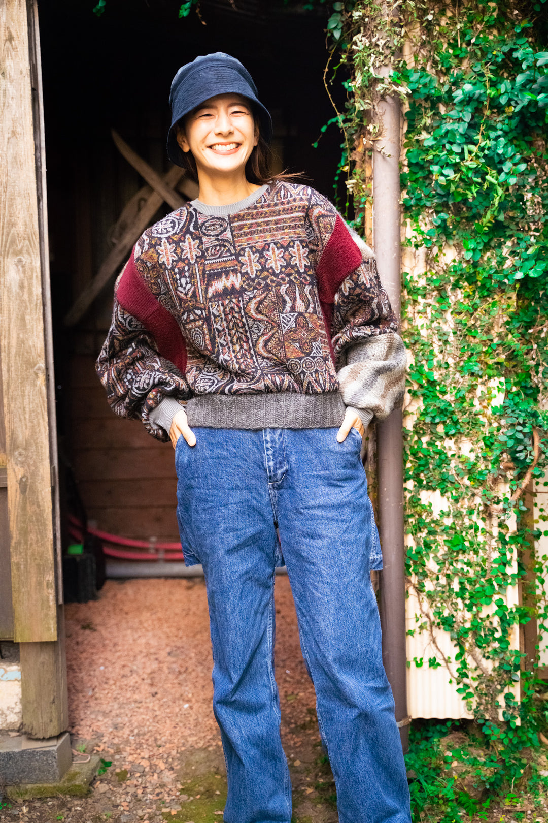 【REMAKEBYK×StyleReborn】Remake Cropped Knit Sweater Gray×Geometric patt ...