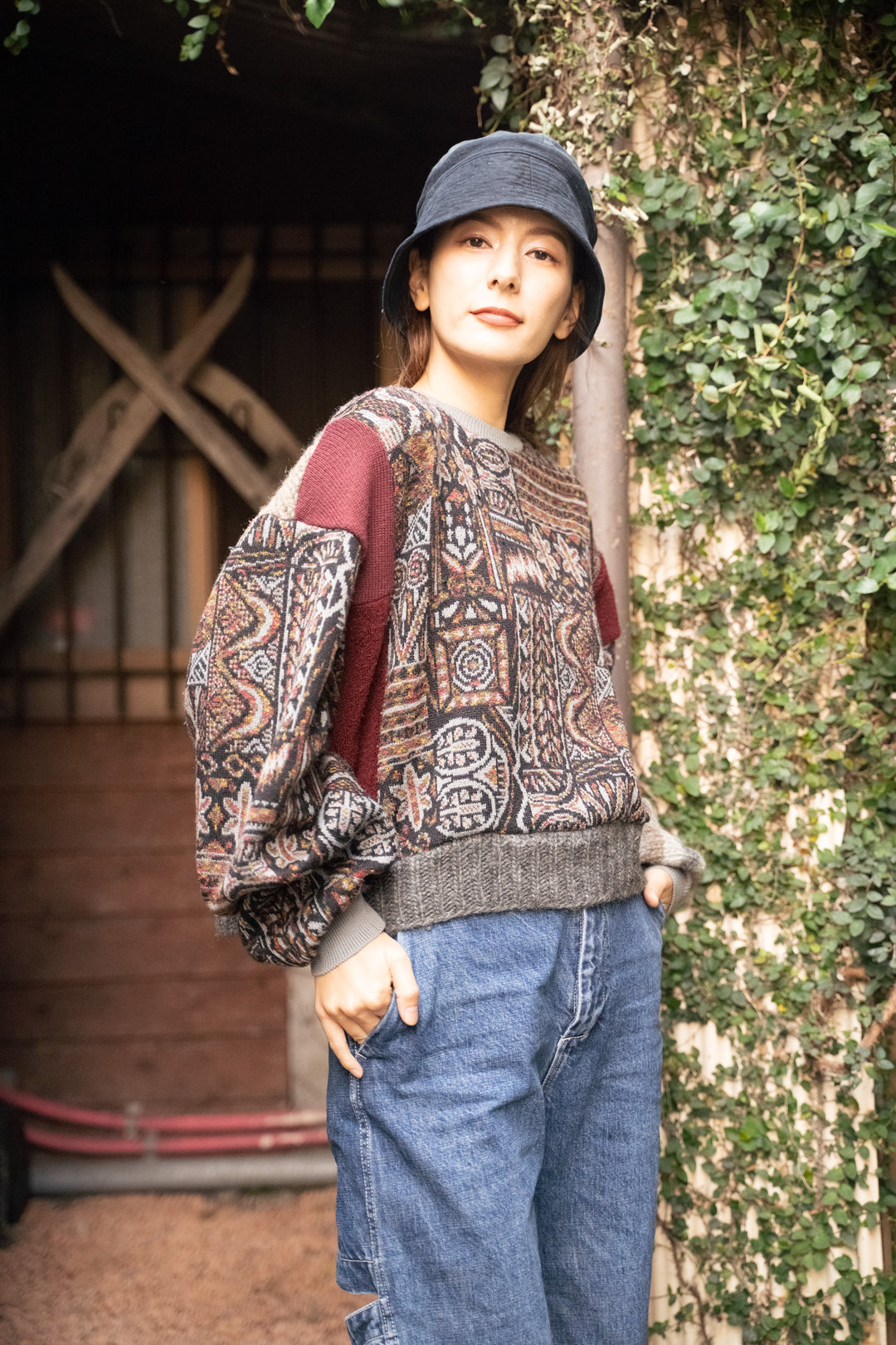 【REMAKEBYK×StyleReborn】Remake Cropped Knit Sweater Gray×Geometric patt ...